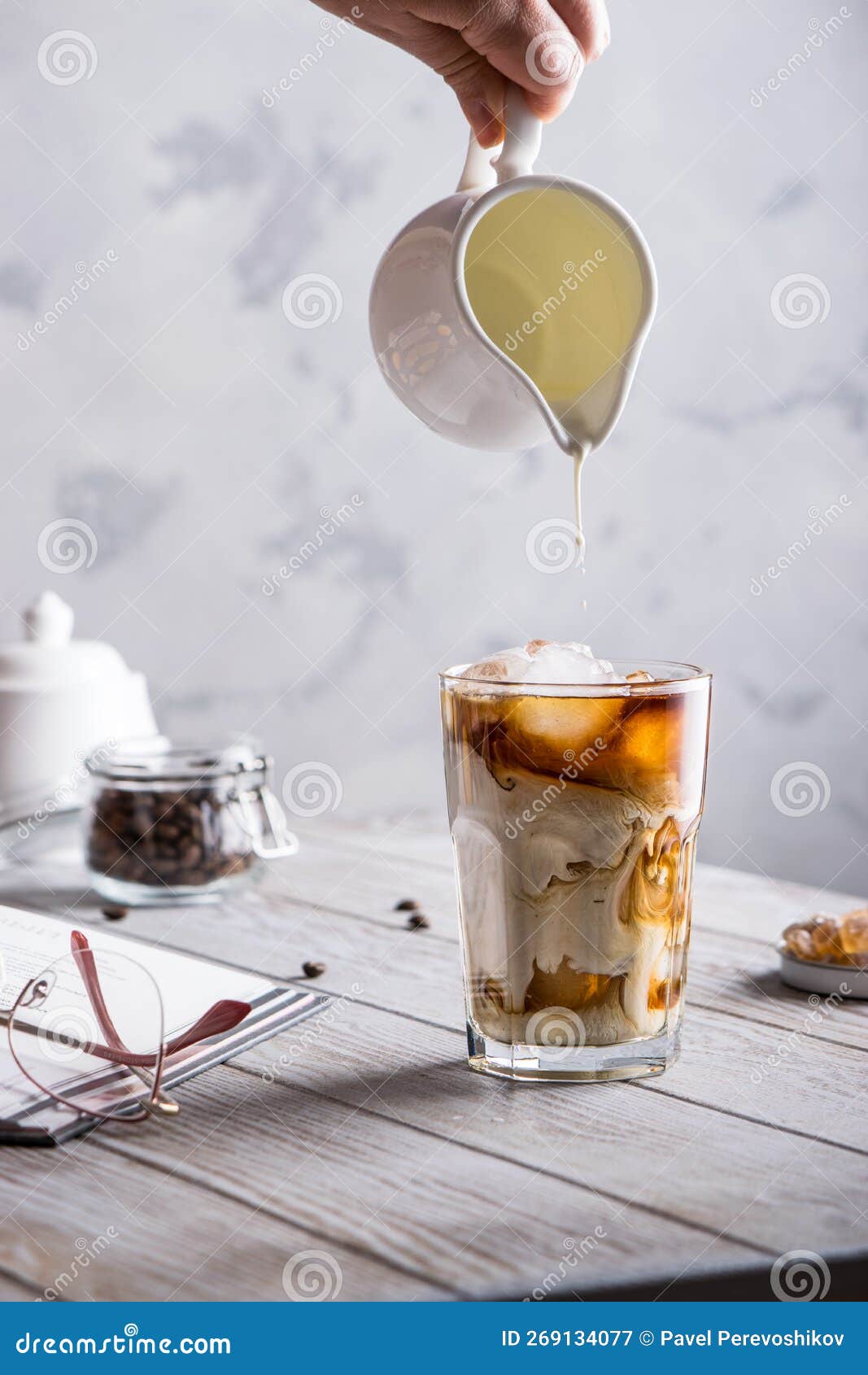 Cold Coffee with Ice and Pouring Cream Stock Image - Image of cold ...