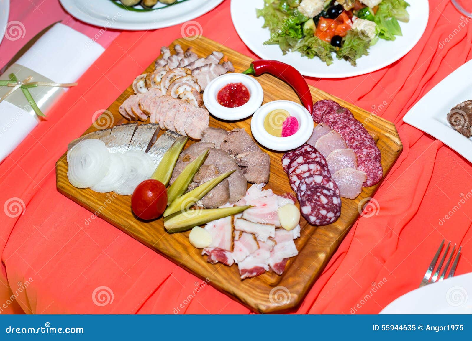 Cold Cuts on Wooden Plate on Banquet Table Stock Image - Image of ...