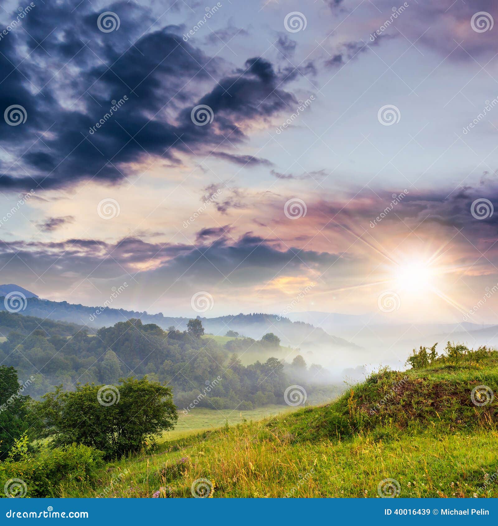 Cold Fog on Hot Sunset in Mountains Stock Image - Image of color ...