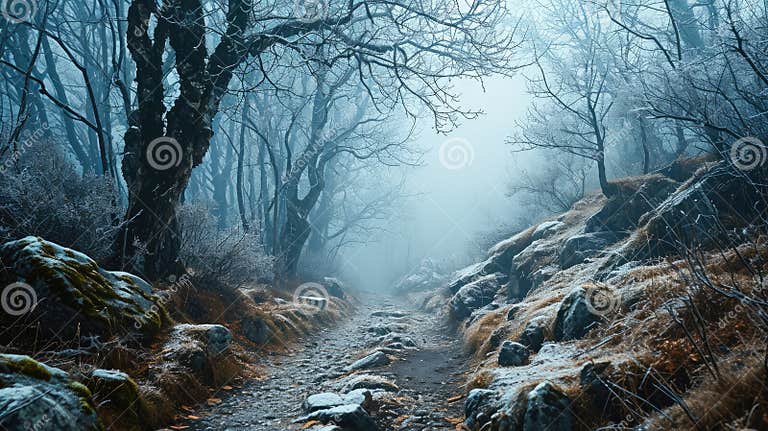 A Cold Freezing Path through a Dense Forest Stock Illustration ...