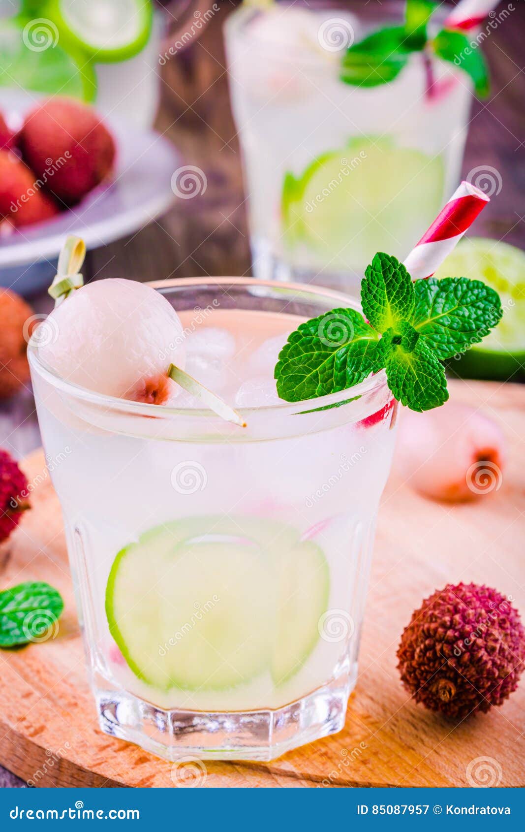 Cold Fresh Lemonade With Lychee, Lime And Mint In Glass Stock Image ...