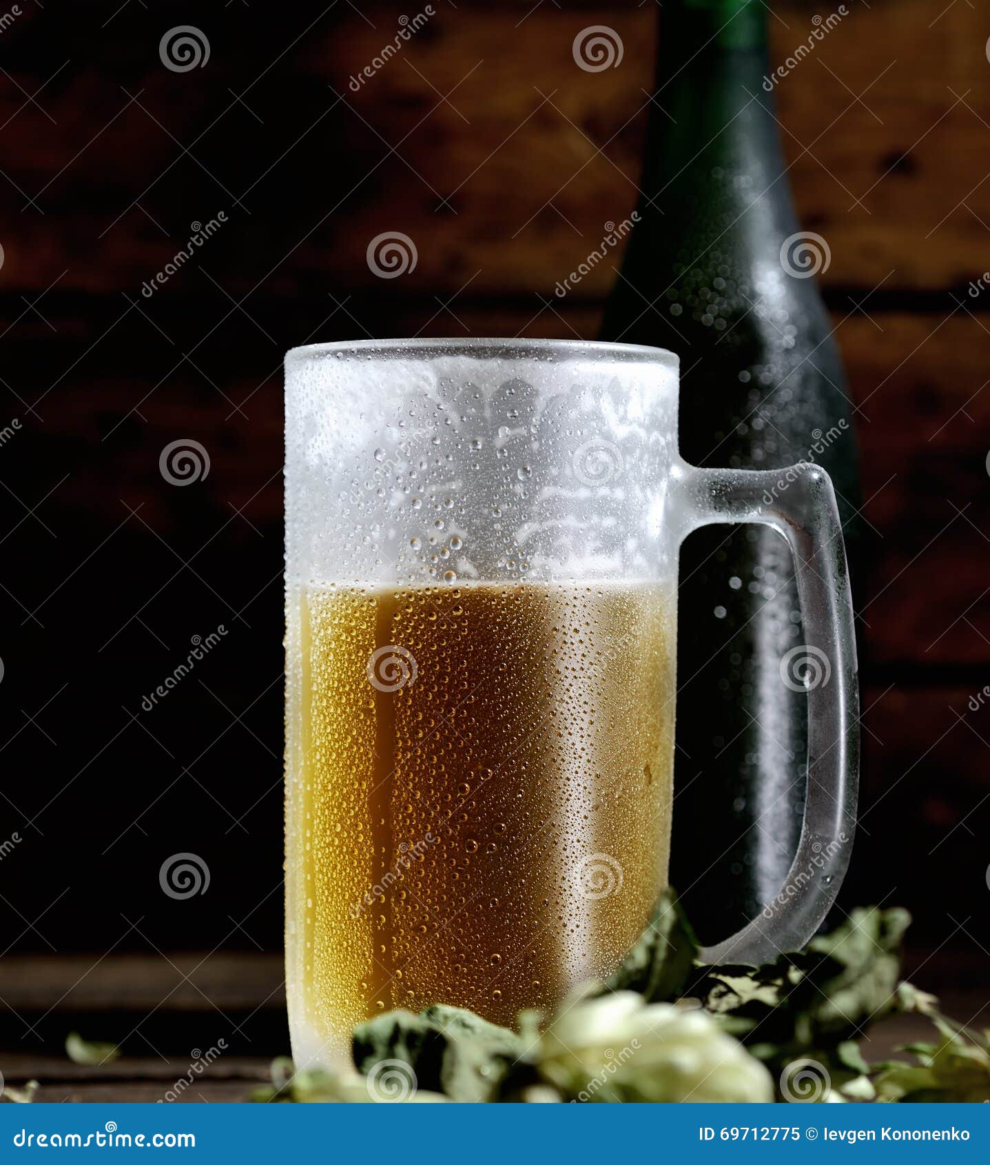 Cold Frothy Beer in a Glass Bottle and Hops on a Dark Background Stock ...