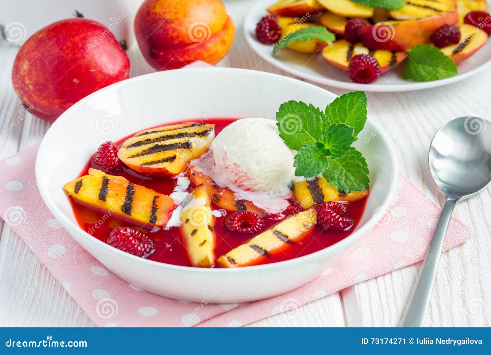 Cold Fruit Soup With Raspberry, Grilled Nectarines And Ice Cream Stock ...