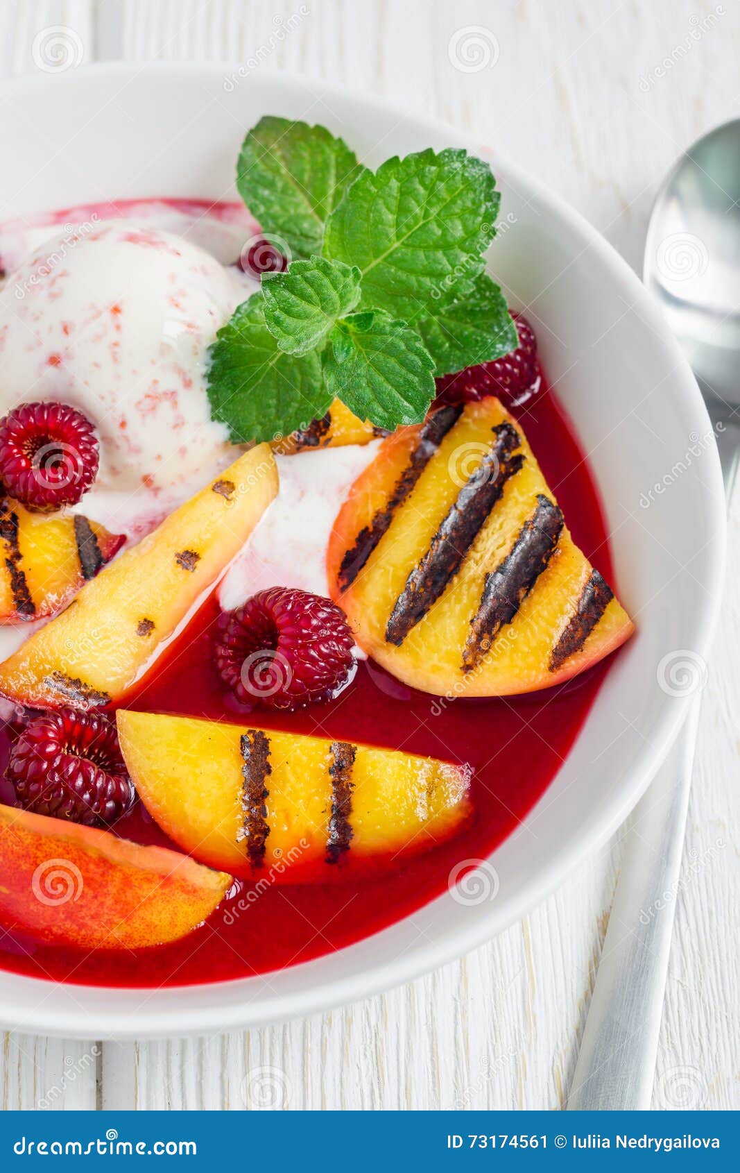 Cold Fruit Soup with Raspberry, Grilled Nectarines and Ice Cream Stock ...