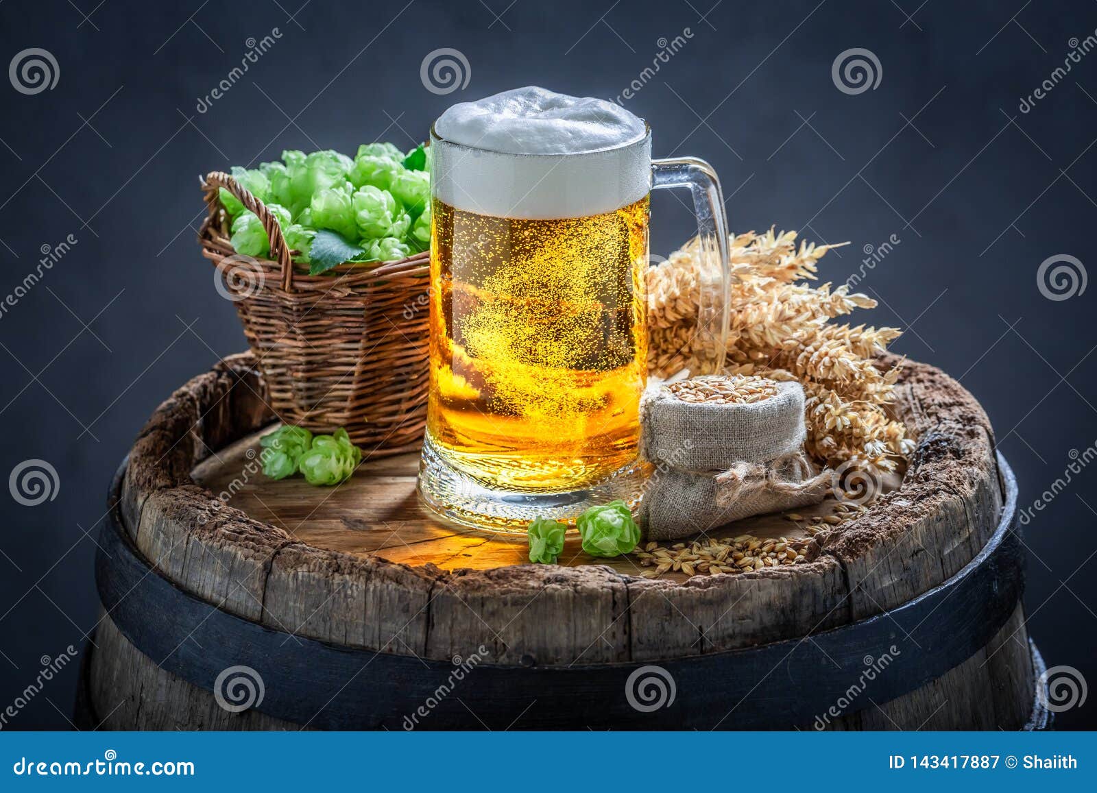 Cold and Gold Light Beer with Foam and Hops Stock Image - Image of ...
