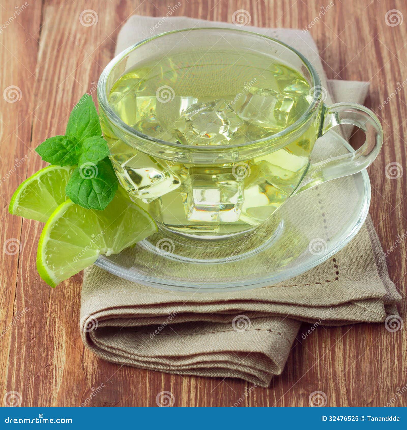 Cold Green Tea with Ice Cubes, Lime Sliced Stock Image - Image of ...