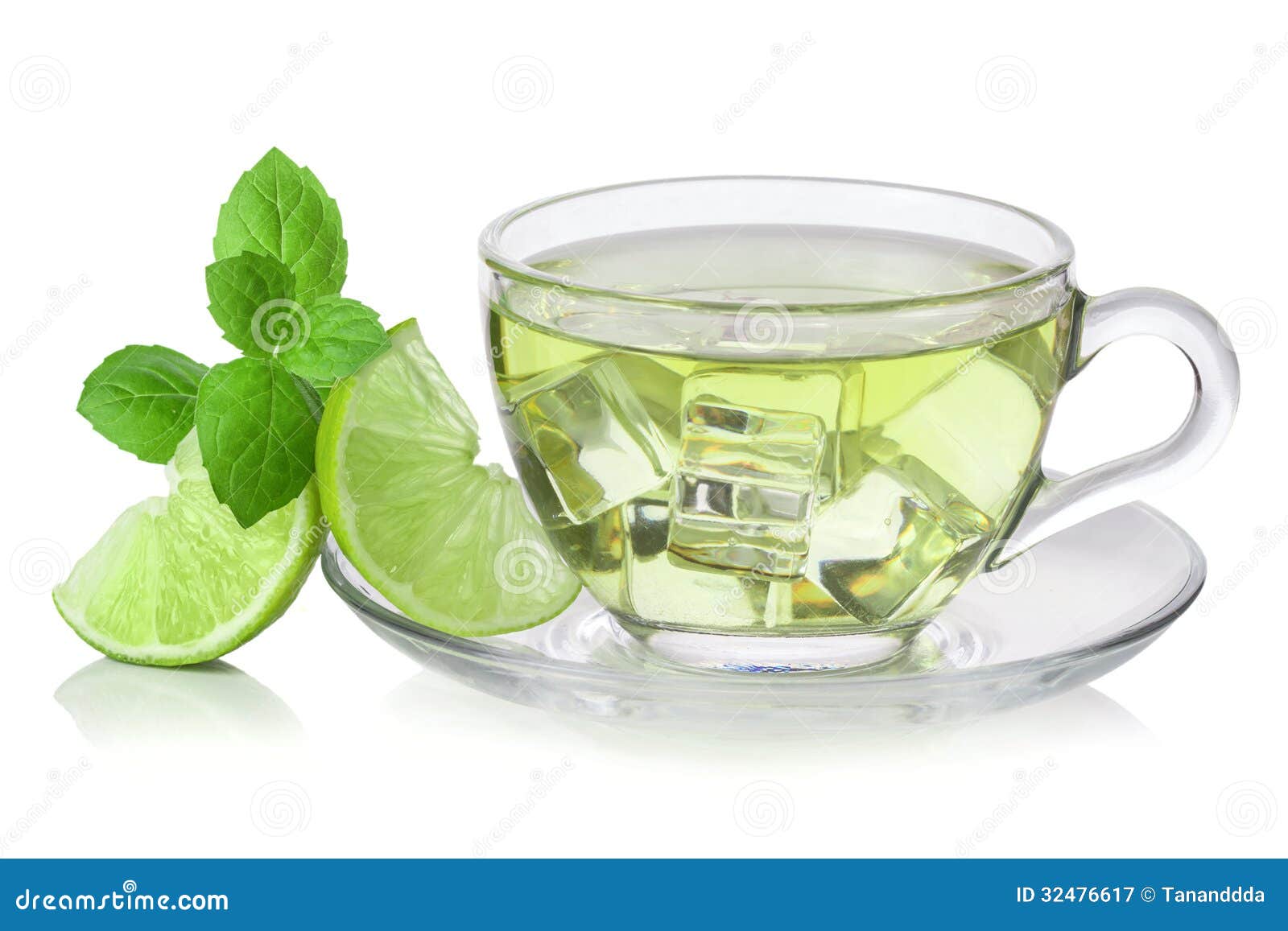 Cold Green Tea with Ice Cubes, Lime Sliced Stock Image - Image of ...