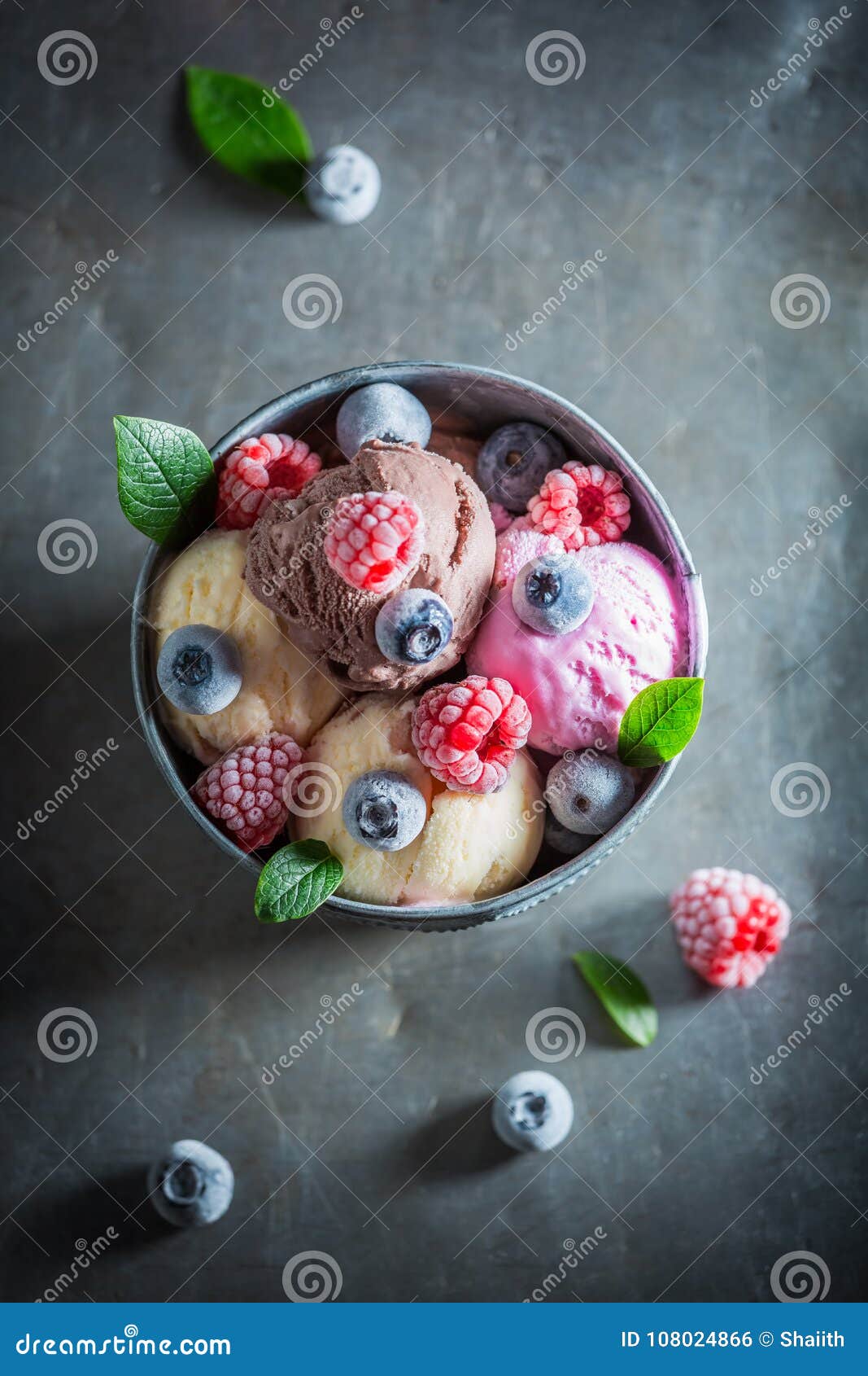 Cold Ice Cream with Blueberries and Raspberries Stock Photo - Image of ...