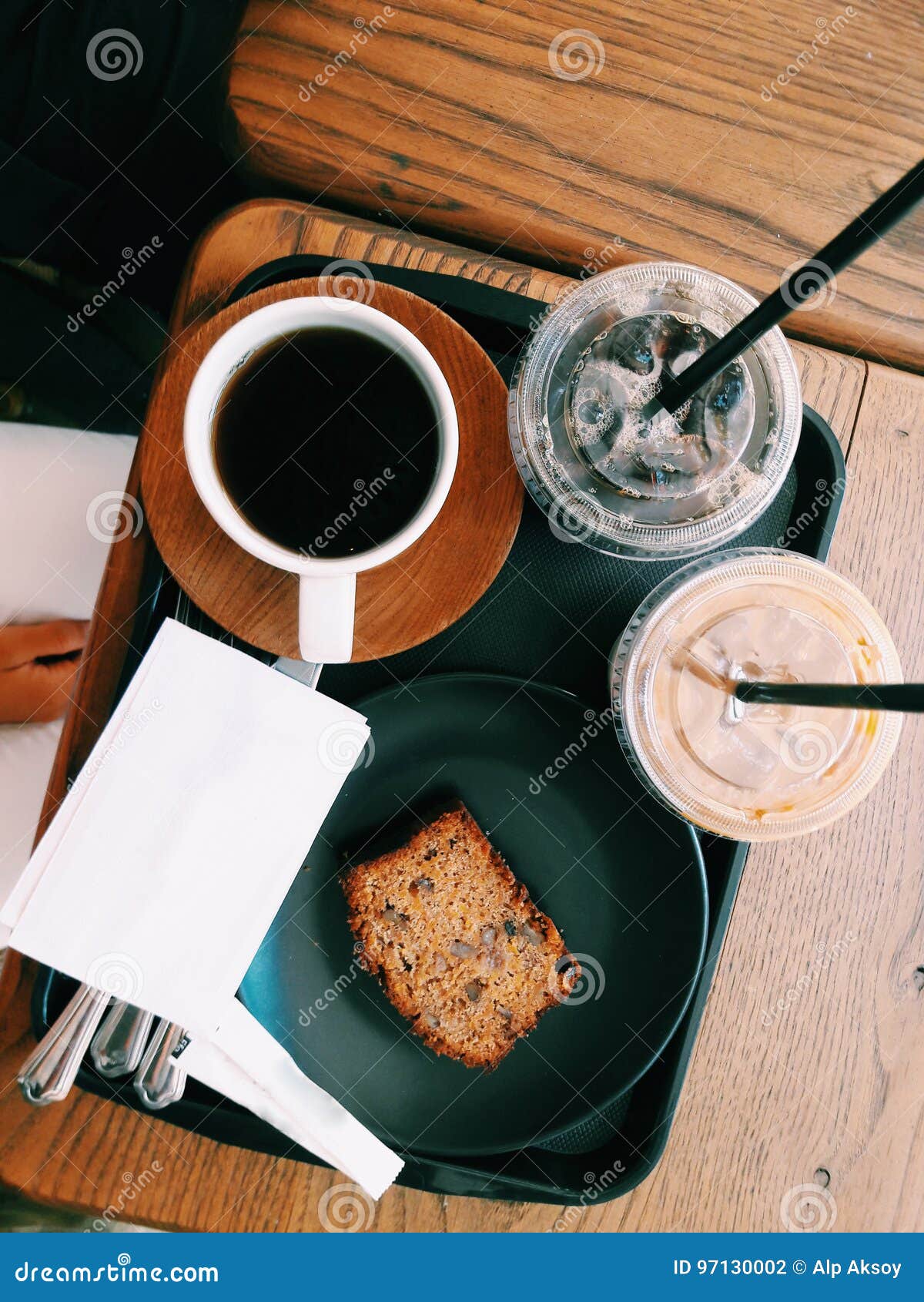 Cold Iced and Hot Coffee in Plastic Cup with Grape Cake at Coffee Shop ...