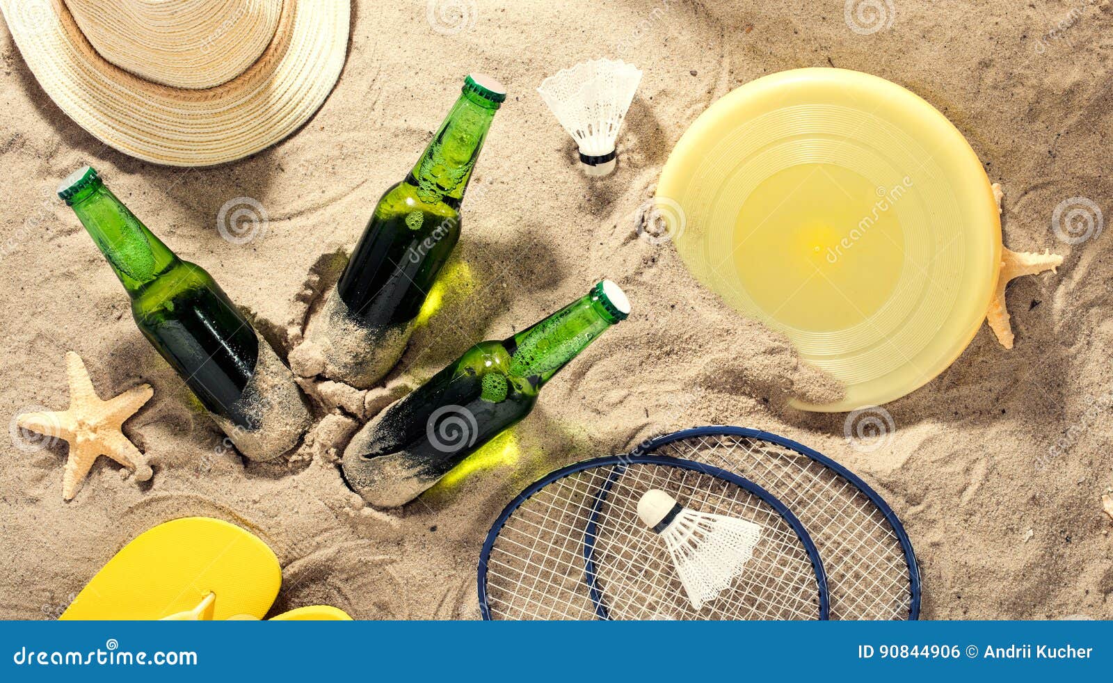 Cold Lager Beer With Items For Beach Activities On Sand Royalty-Free ...