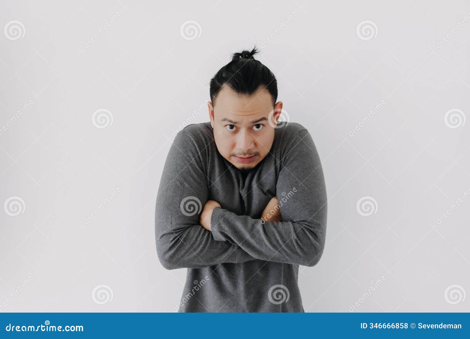 Cold Man in Grey Fleece Base Layer Stand Chilling Isolate on White ...