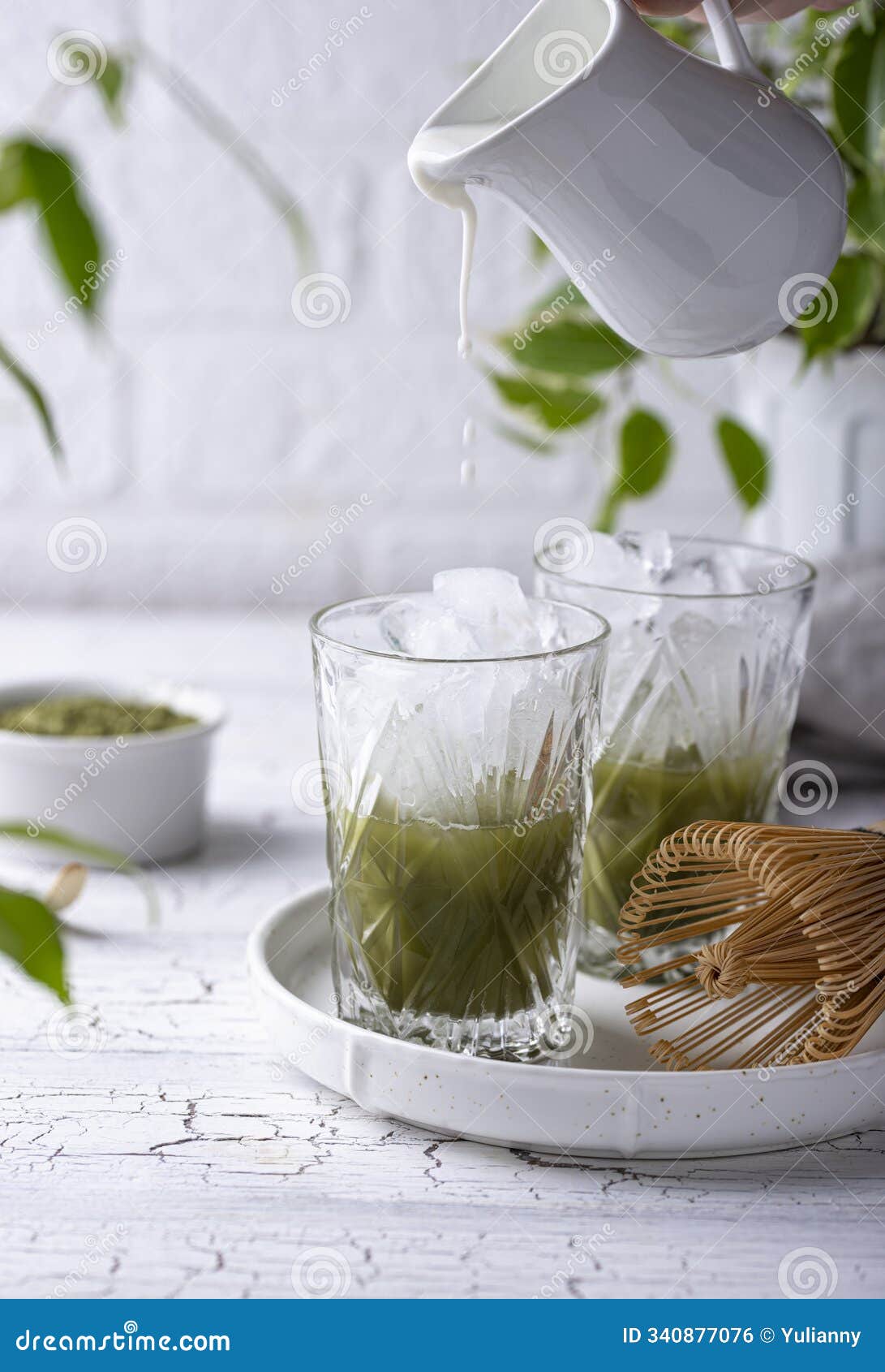 Cold Matcha Tea with Milk and Ice Stock Photo - Image of summer ...