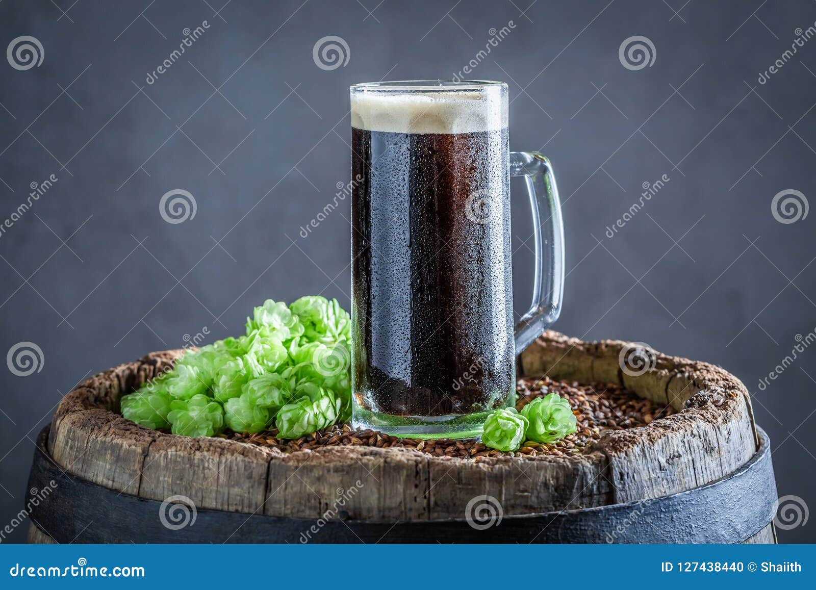 Cold Pint of Dark Beer on Old Barrel Stock Photo - Image of foam, brown ...
