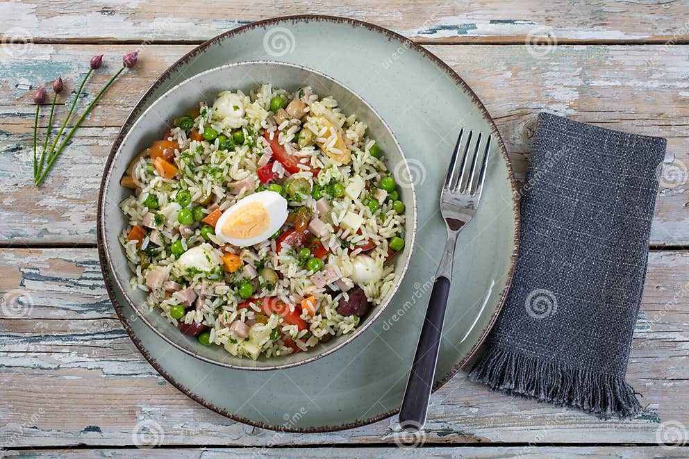 Cold Rice with Egg Mozzarella Ham and Pickled Vegetables Stock Image ...
