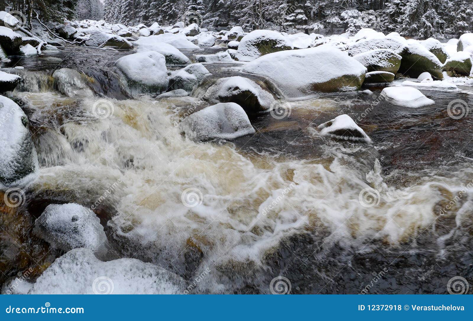 Cold river in winter time stock photo. Image of fence - 12372918