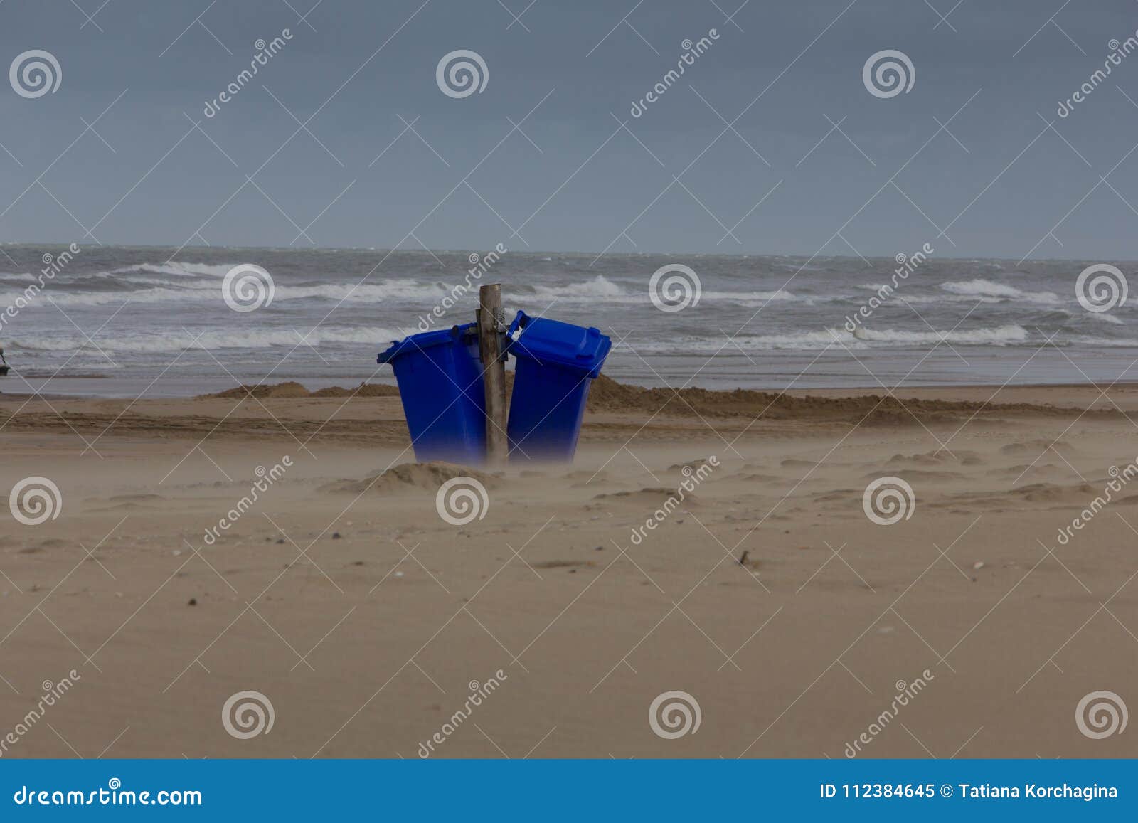 Two Blue Garbage Cans on the Wind Beach. Climate, Environment, W Stock ...