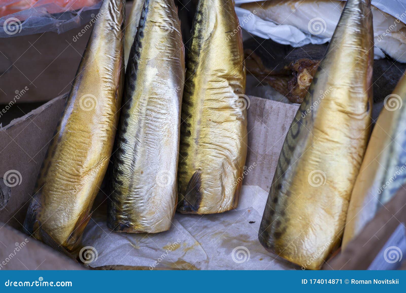 Cold-smoked Mackerel in a Corrugated Box on the Counter. Background ...