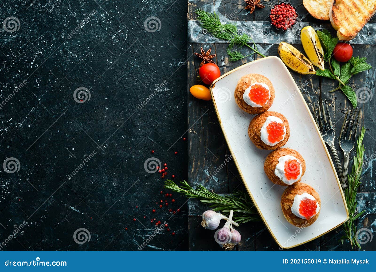 Cold Snacks. Eclair with Cheese and Red Caviar. Caviar Sandwich. Top ...