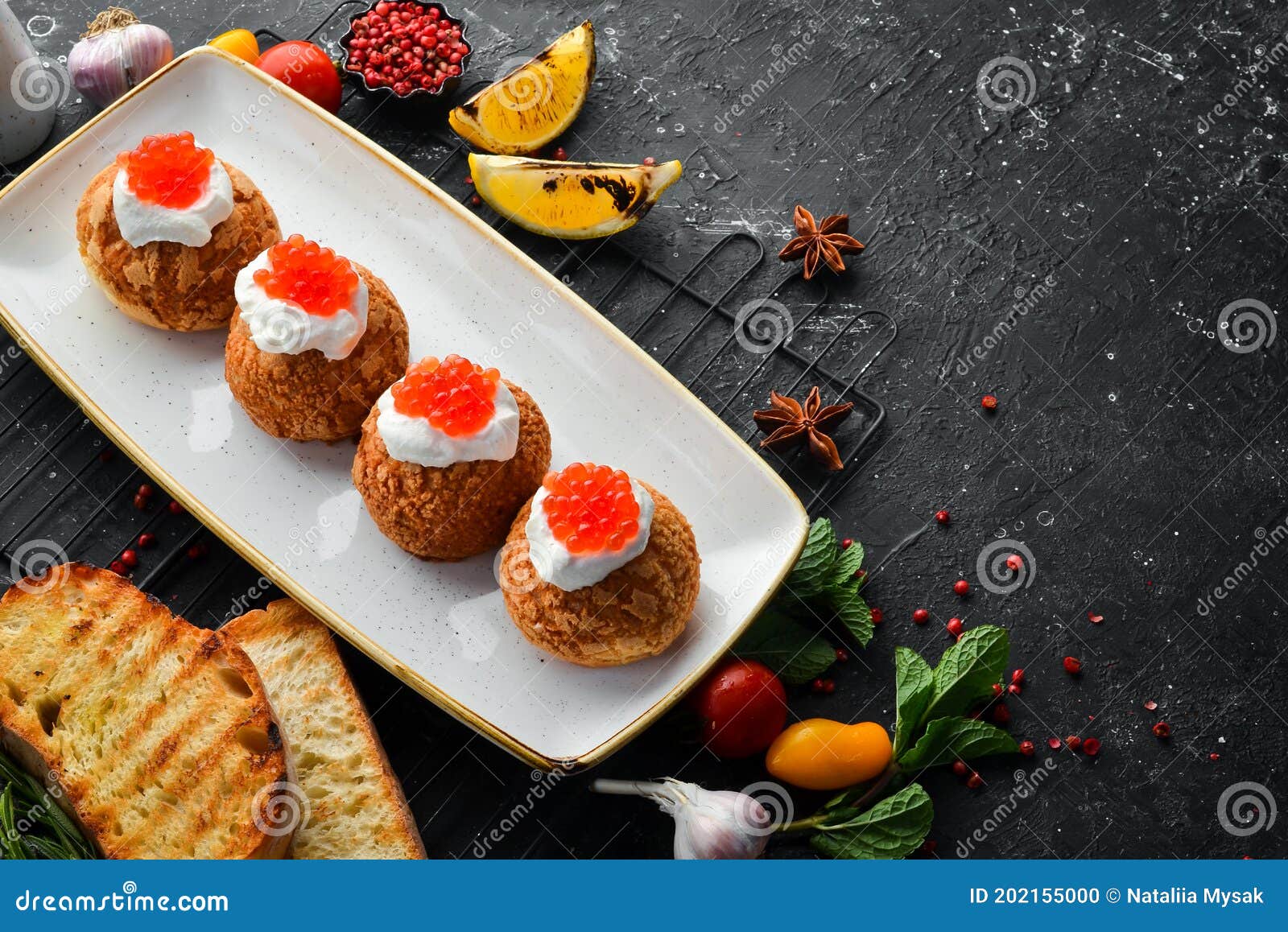 Cold Snacks. Eclair with Cheese and Red Caviar. Caviar Sandwich. Top ...