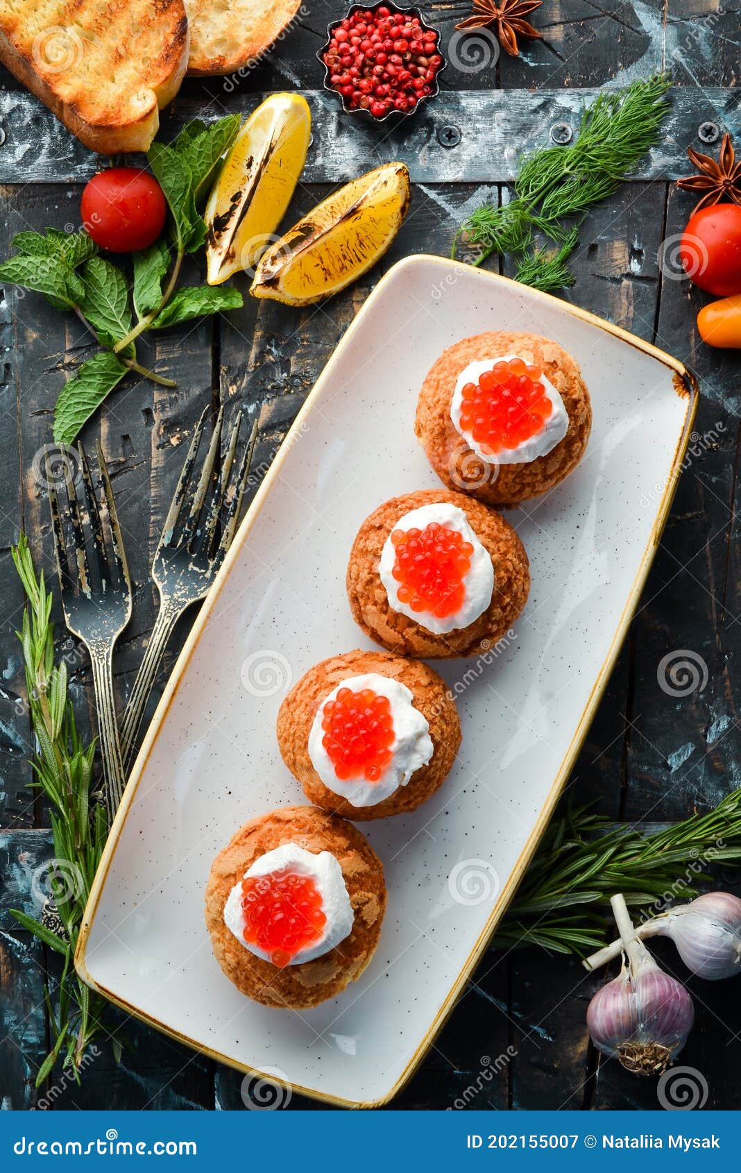 Cold Snacks. Eclair with Cheese and Red Caviar. Caviar Sandwich. Top ...
