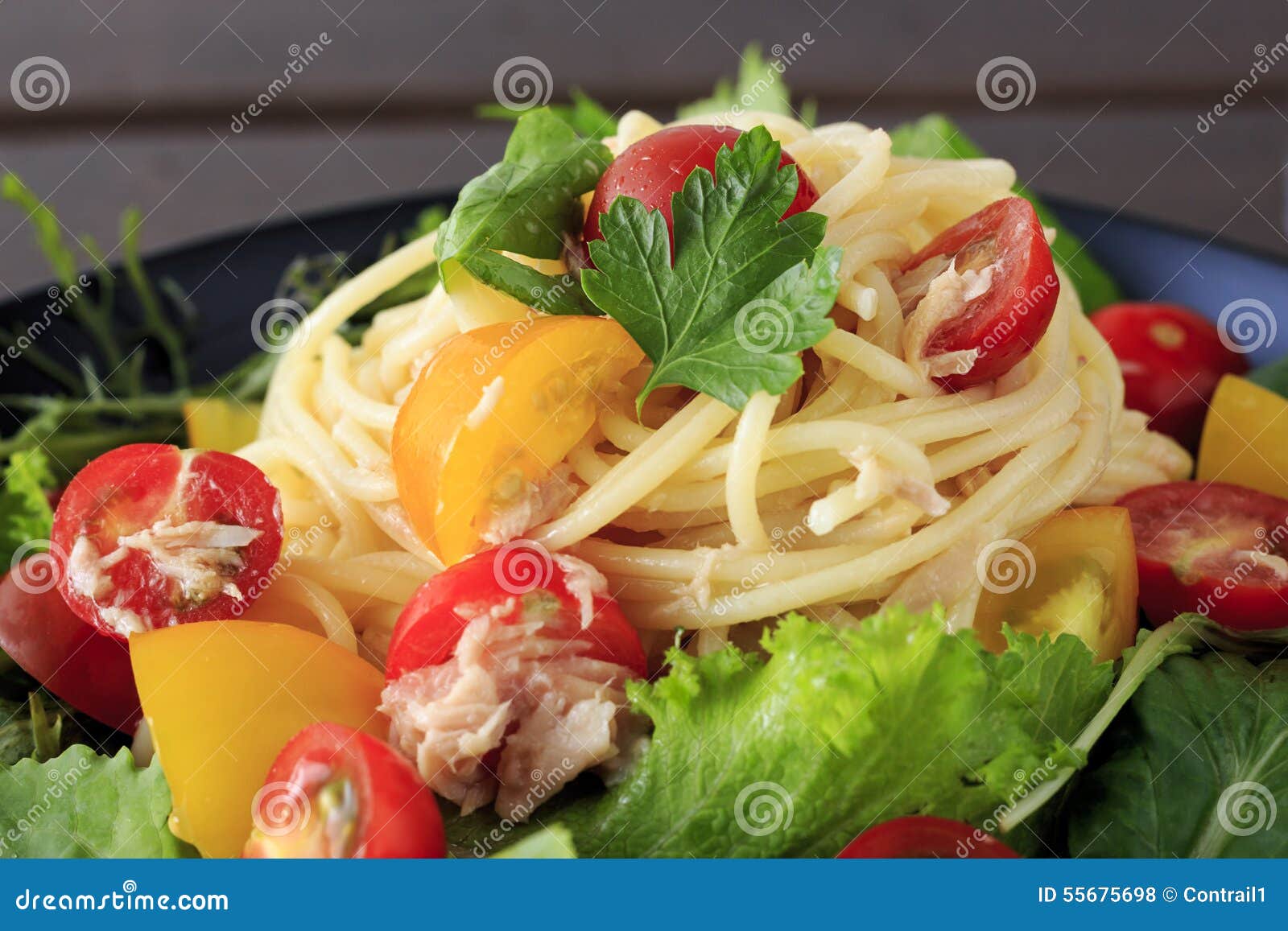 Cold Spaghetti with Tuna and Tomato Stock Photo - Image of country ...