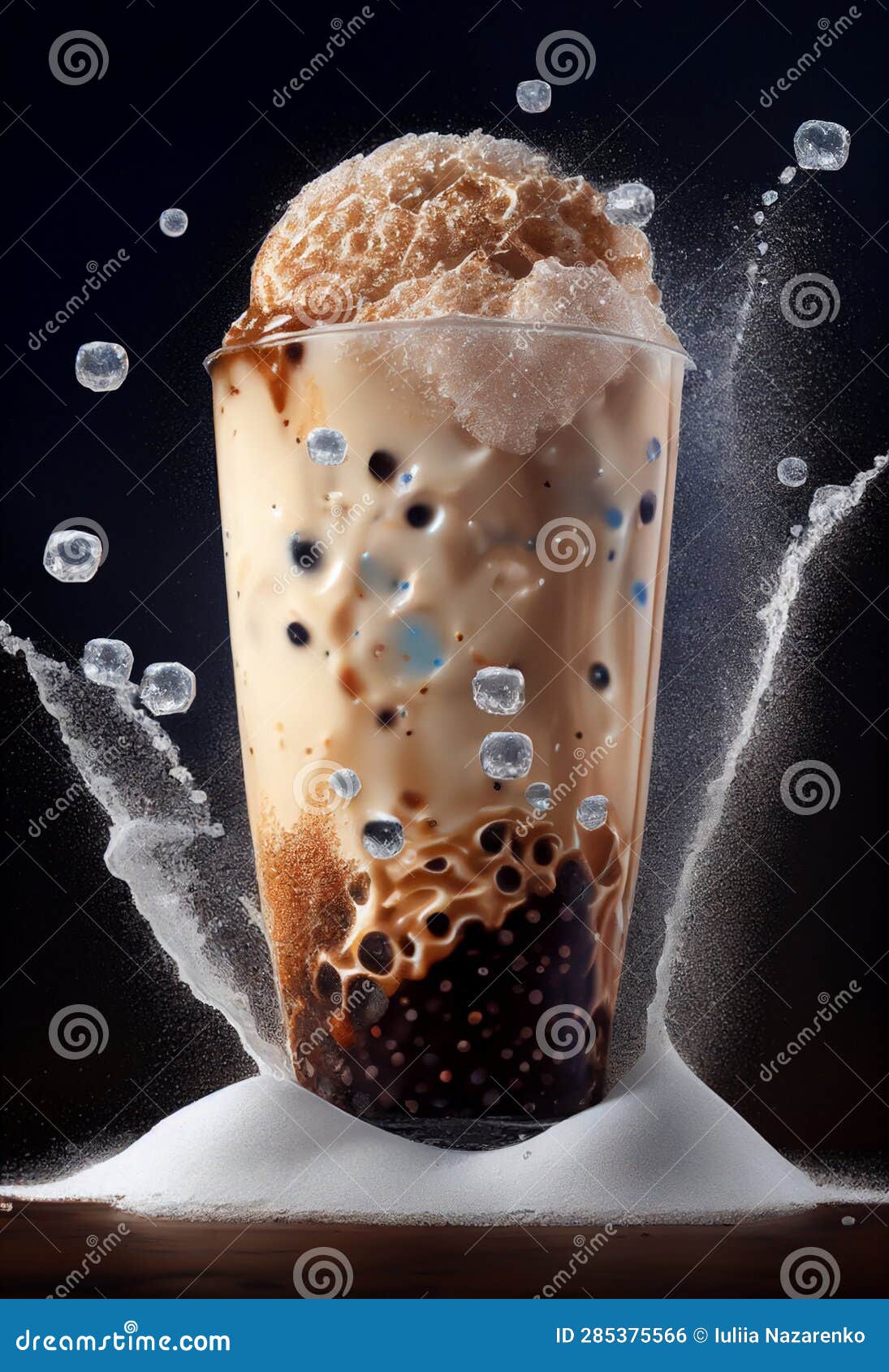 Cold Tea with Tapioca and Falling Pieces of Ice into a Glass. AI ...