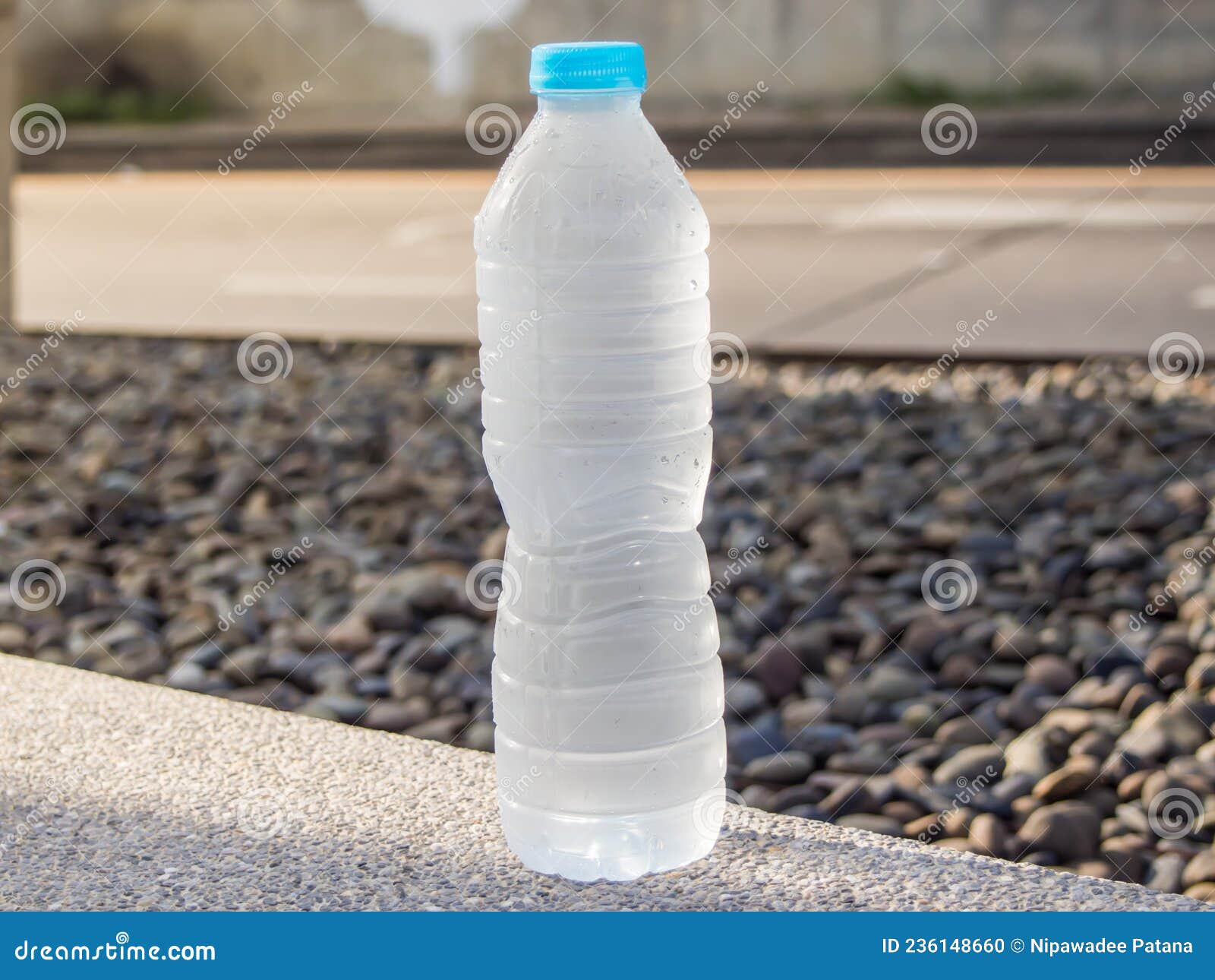 Cold Water in a Plastic Bottle with a Blue Cap Placed on a Cement ...