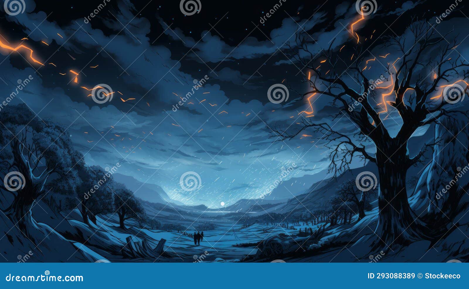 Cold Wave: A Comic Image Of A Night Time Landscape Royalty-Free Stock ...