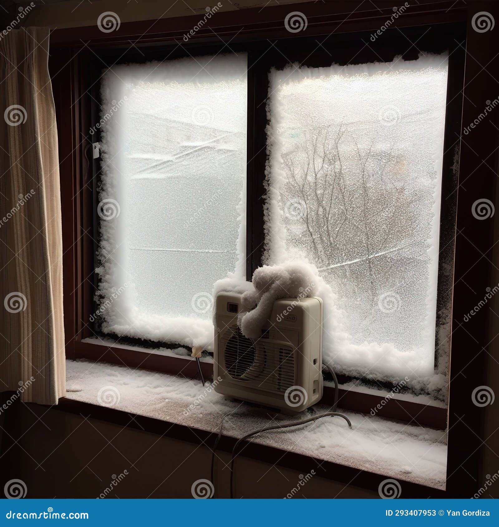 Cold window with heater. stock image. Image of coffee - 293407953