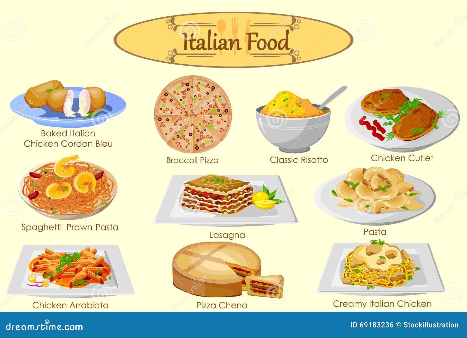 Colección De Comida Italiana Deliciosa Ilustración del Vector ...