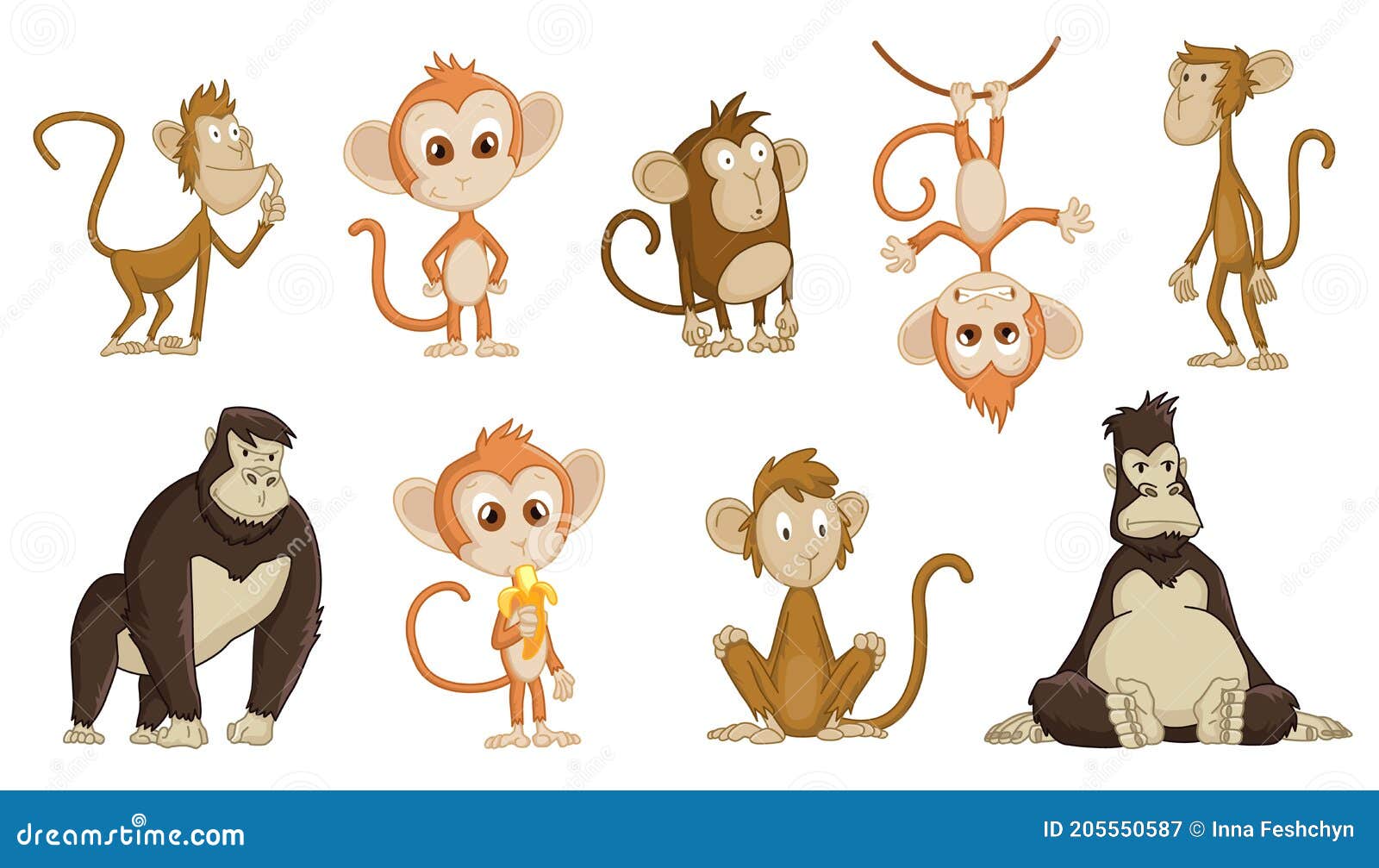 Colección De Dibujos Animados De Colores De Monos Graciosos. Conjunto ... Colección De Dibujos Animados De Colores De Monos Graciosos. Conjunto ...