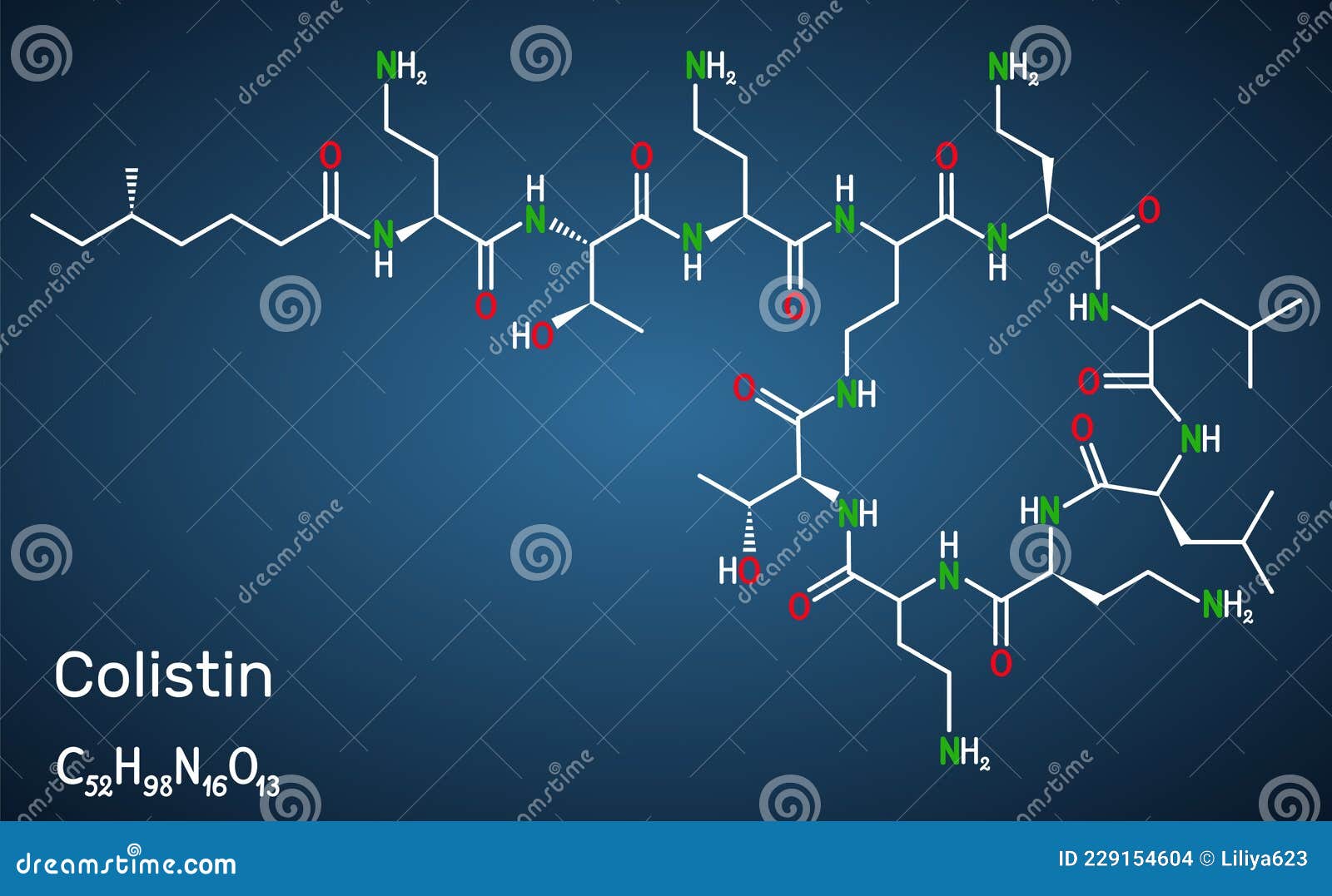 Colistin Antibiotic Drug Molecule. 3D Rendering. Atoms Are Represented ...