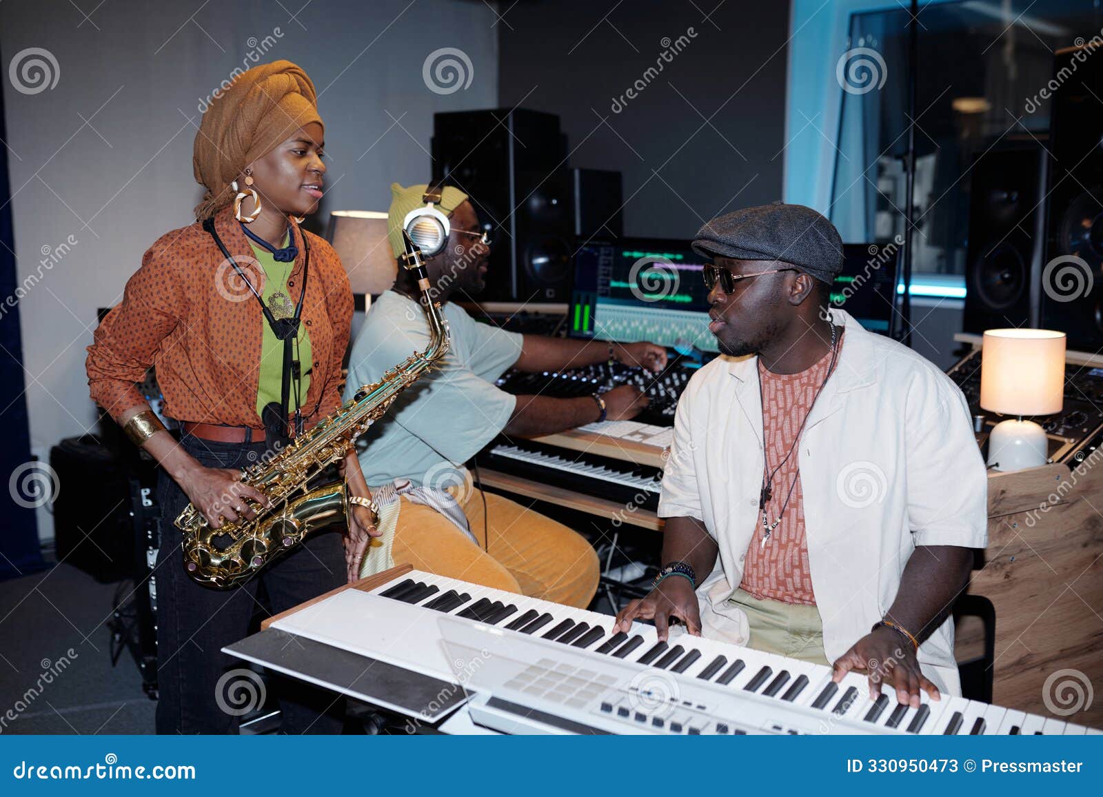 Collaborating in Modern Recording Studio with Instruments Stock Image ...