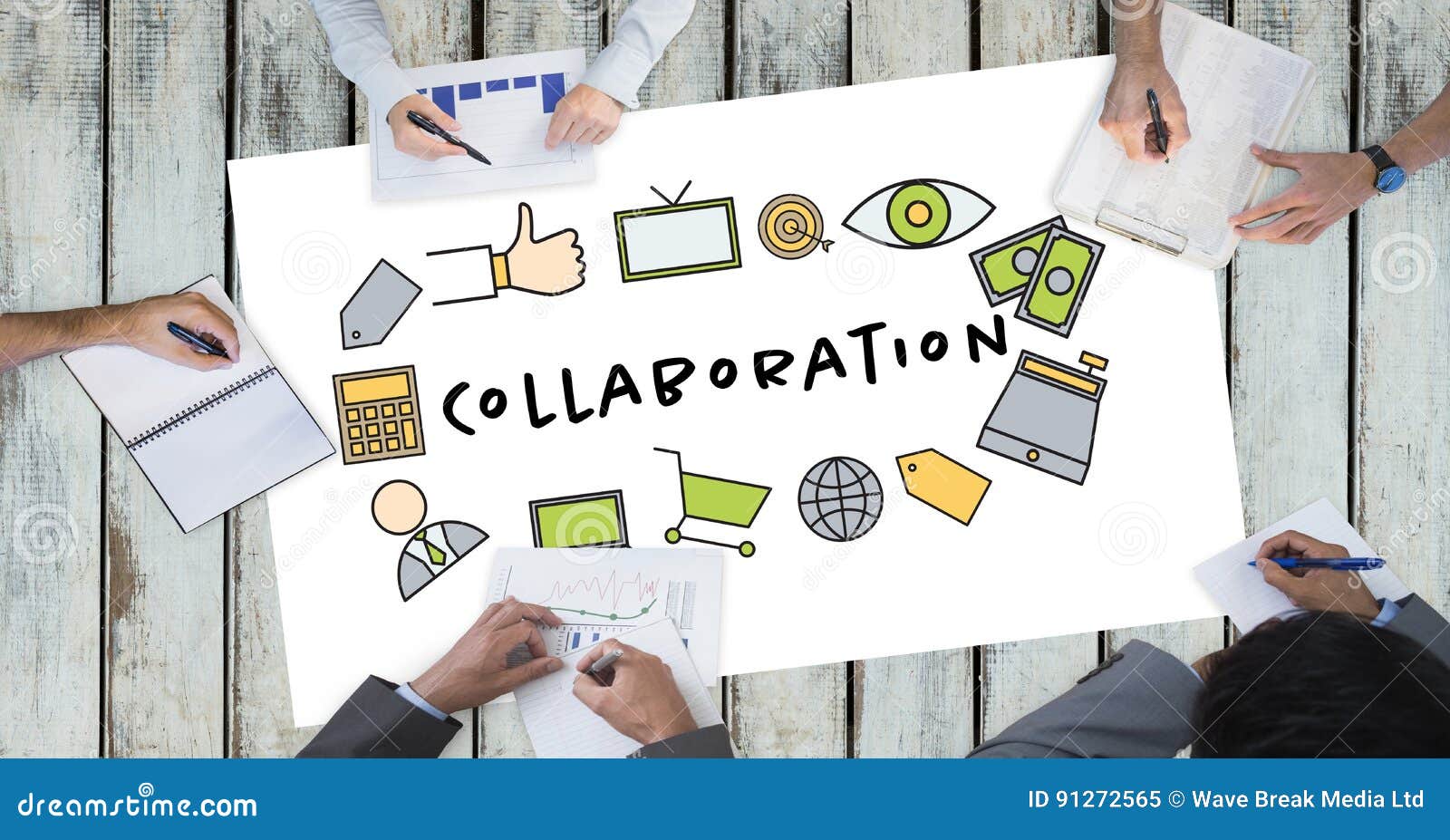 Collaboration Text by Icons and Business People on Table Stock ...