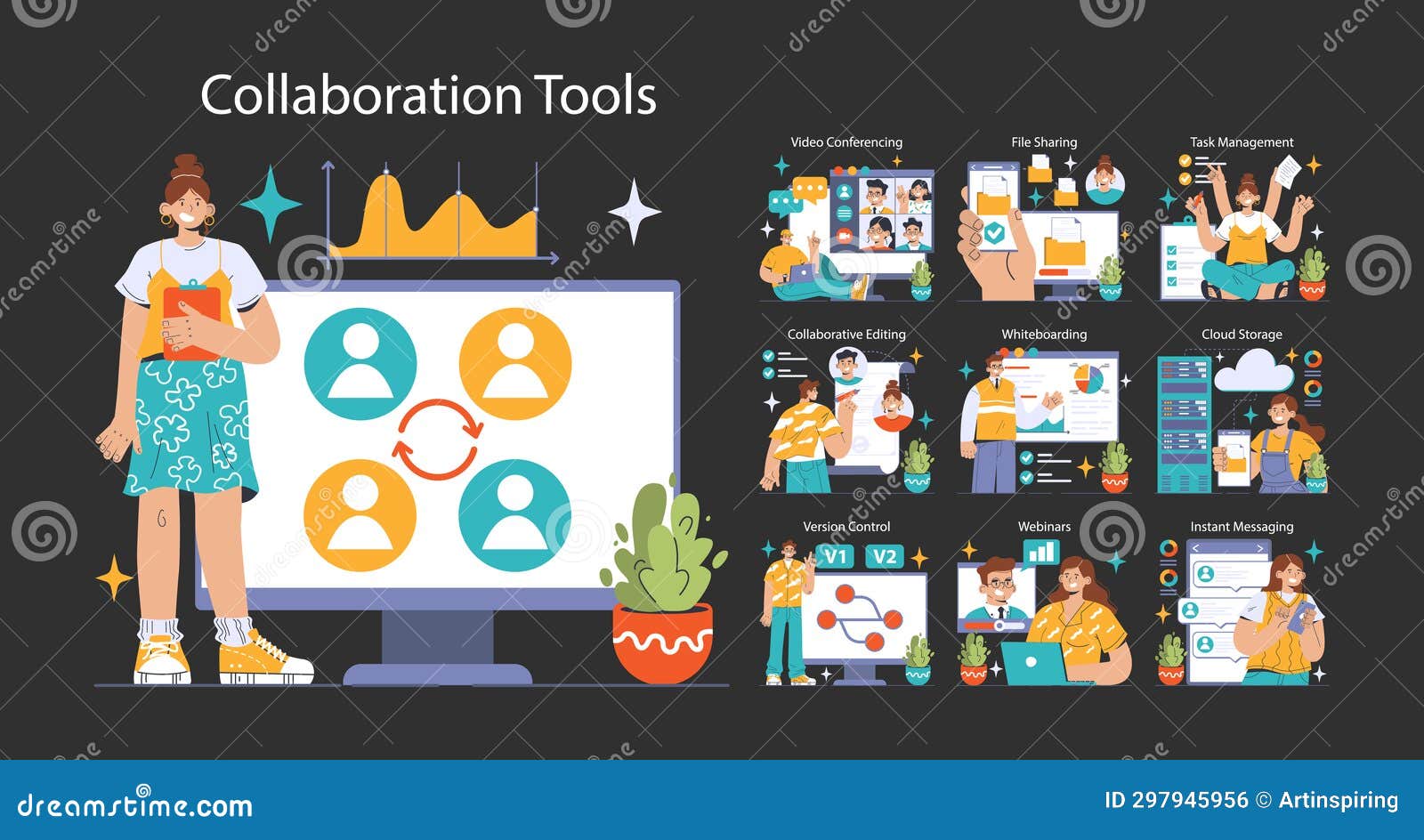 Collaboration Tools Dark or Night Mode Set. Diverse Professionals Using ...