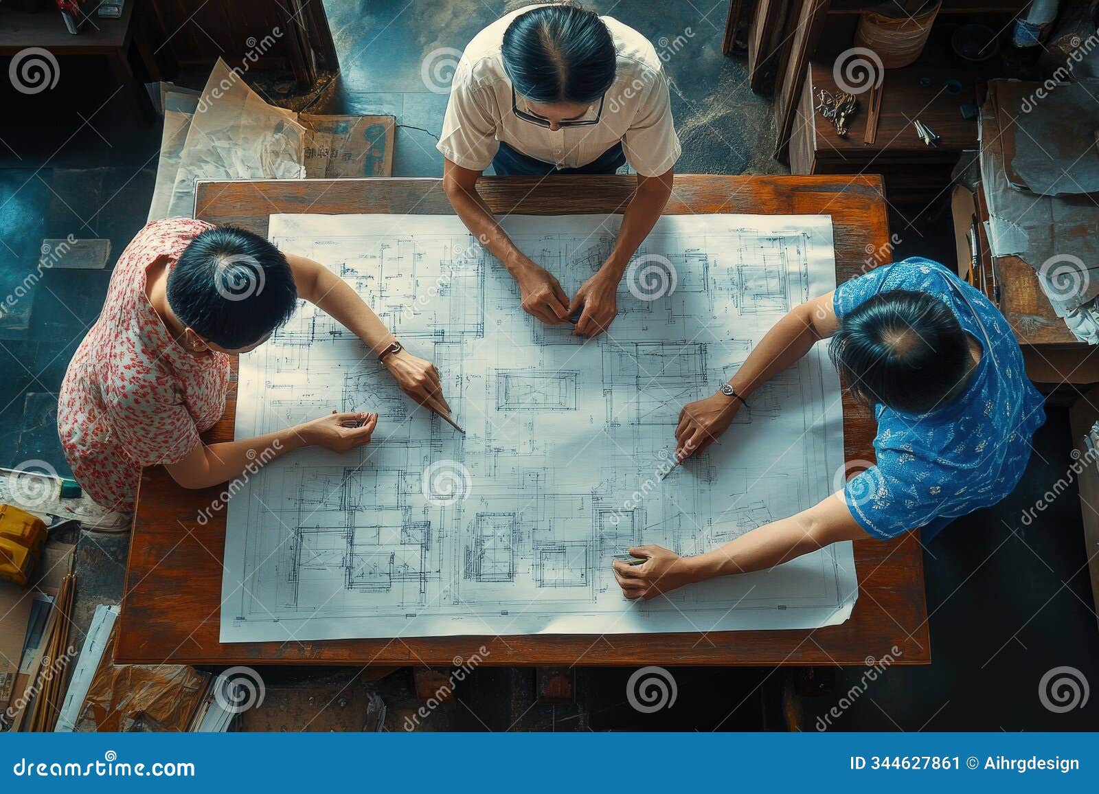 Collaborative Design Session of Asian Architects Creating Technical Blueprints in a Workshop ...