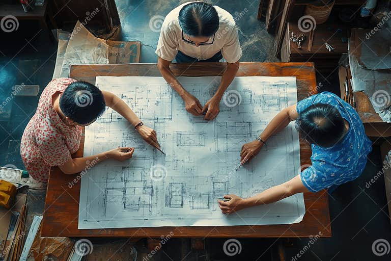 Collaborative Design Session of Asian Architects Creating Technical Blueprints in a Workshop ...