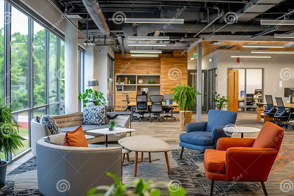 A Collaborative Open Office with Modern Decor and Flexible Seating Arrangements Stock ...