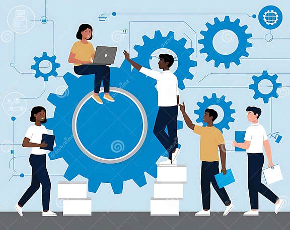 Collaborative Teamwork in a Tech-driven Environment Stock Illustration ...