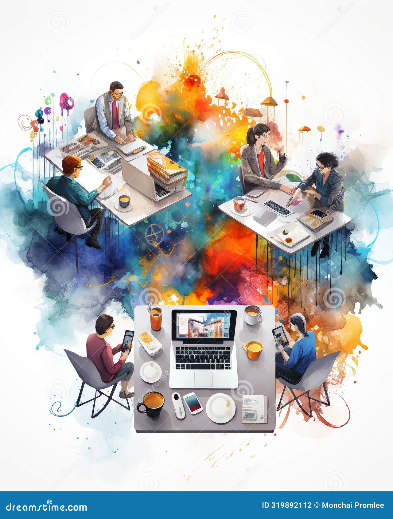 Collaborative Virtual Workspace with Multiple Devices, Flat Design, Top ...