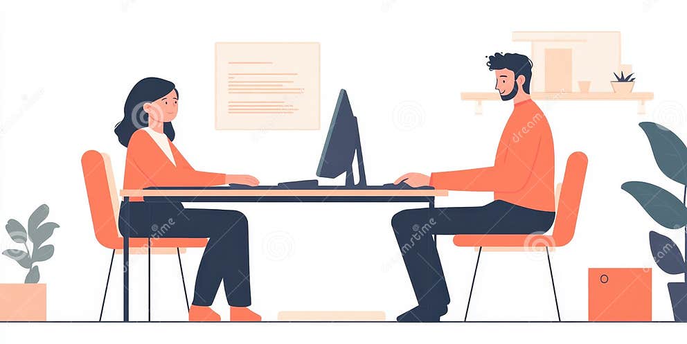 Collaborative Work at Shared Desk in Modern Office with Plants and ...