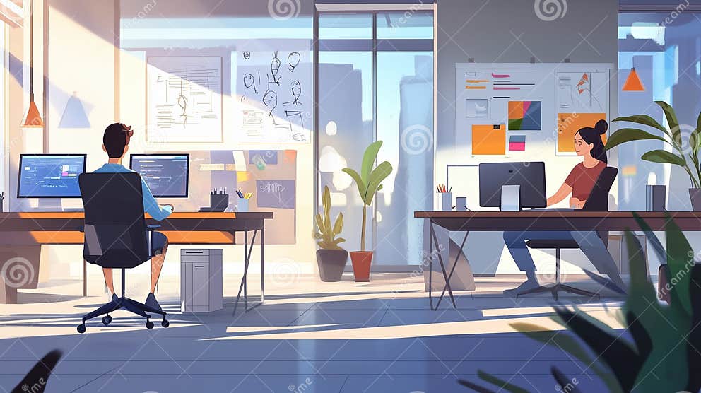 Collaborative Workspace with Two Designers Engaged in Creative Tasks in ...