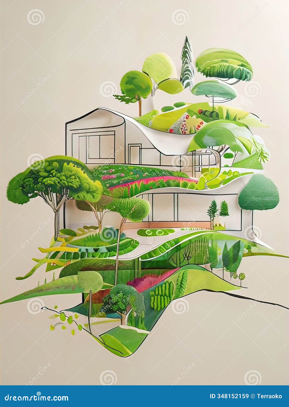 Collage Of An Architectural Bureau, Minimalist House And Garden Plan ...