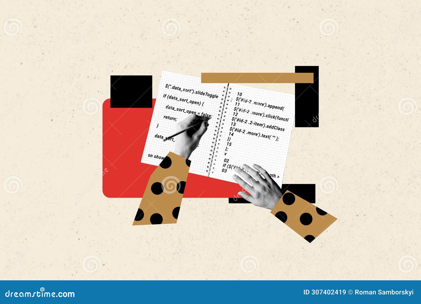 Collage Artwork Image of Arms Hold Pen Write Formula Calculation in ...