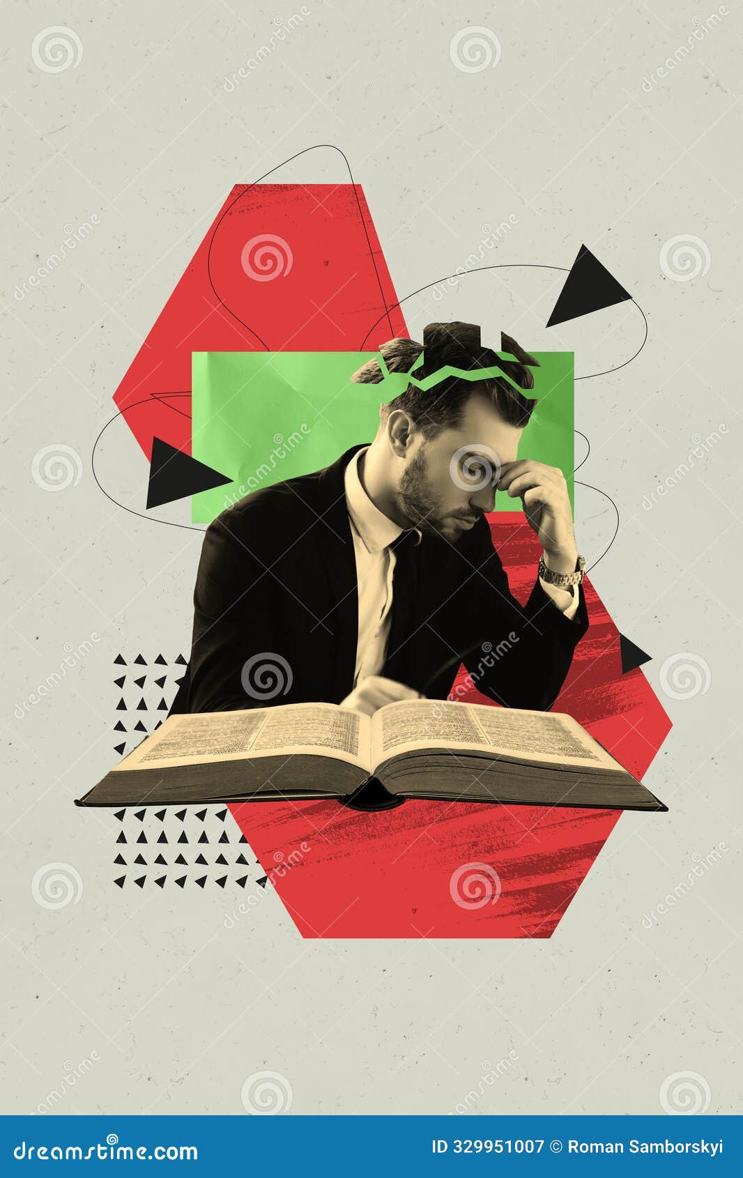 Collage Artwork Image of Young Stressed Tired Burnout Man Solve Problem ...