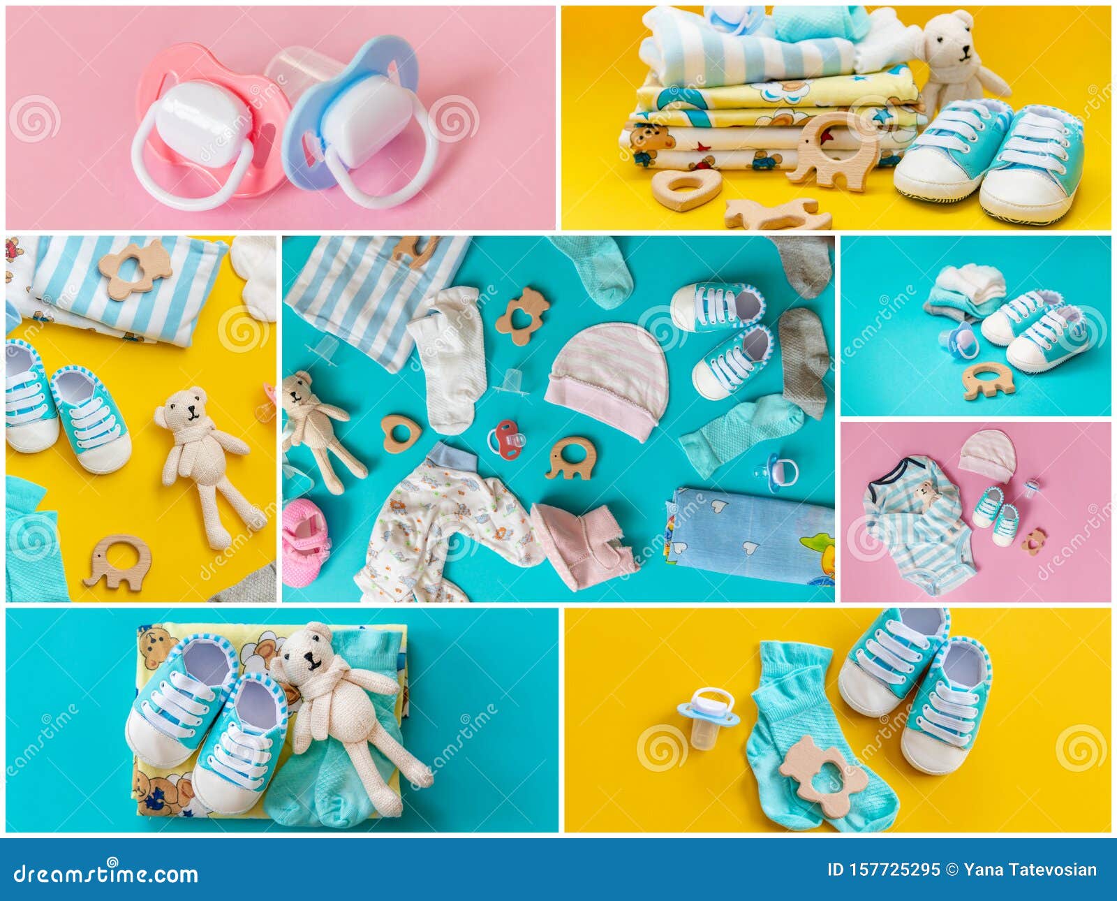 Collage Baby Accessories on a Colored Background. Selective Focus Stock ...