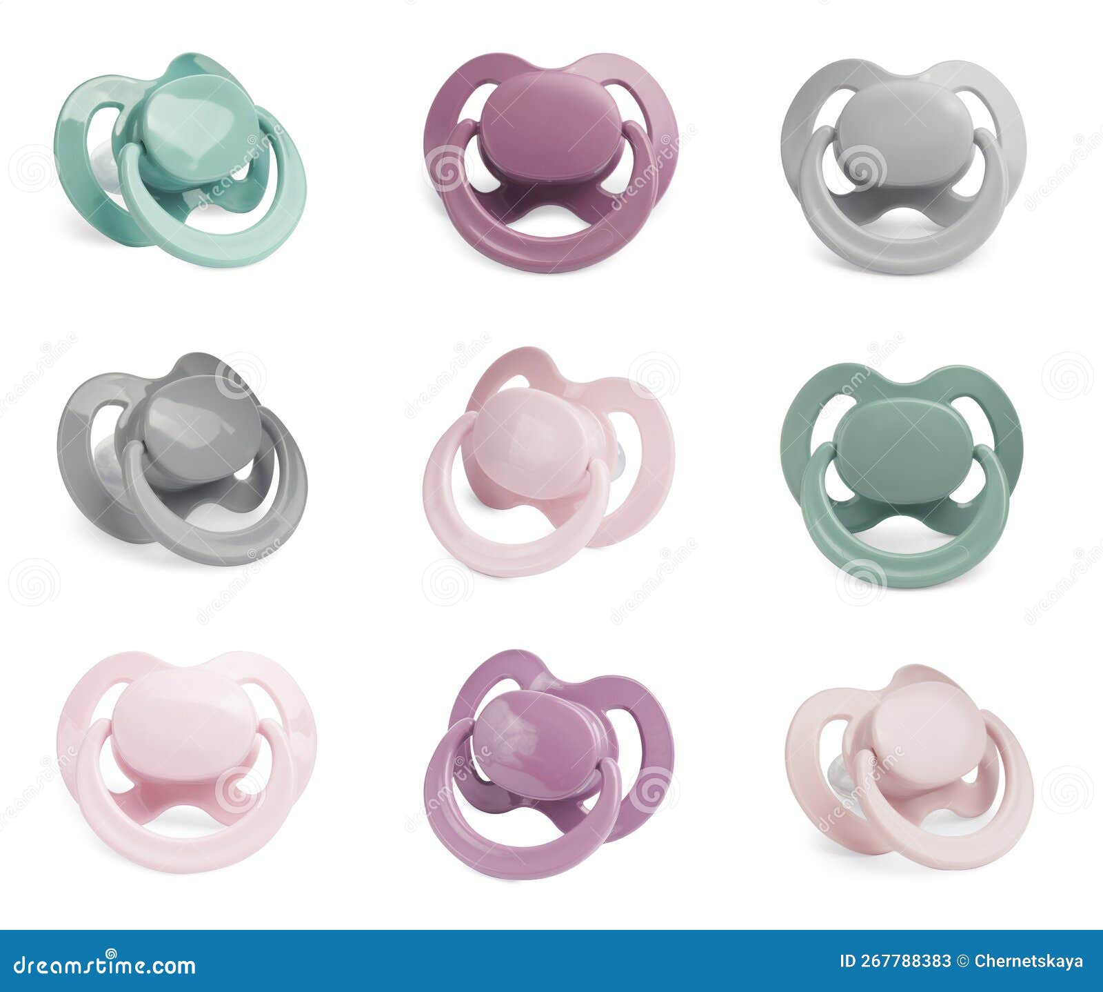 Collage of Baby Pacifiers in Different Colors on White Background Stock ...