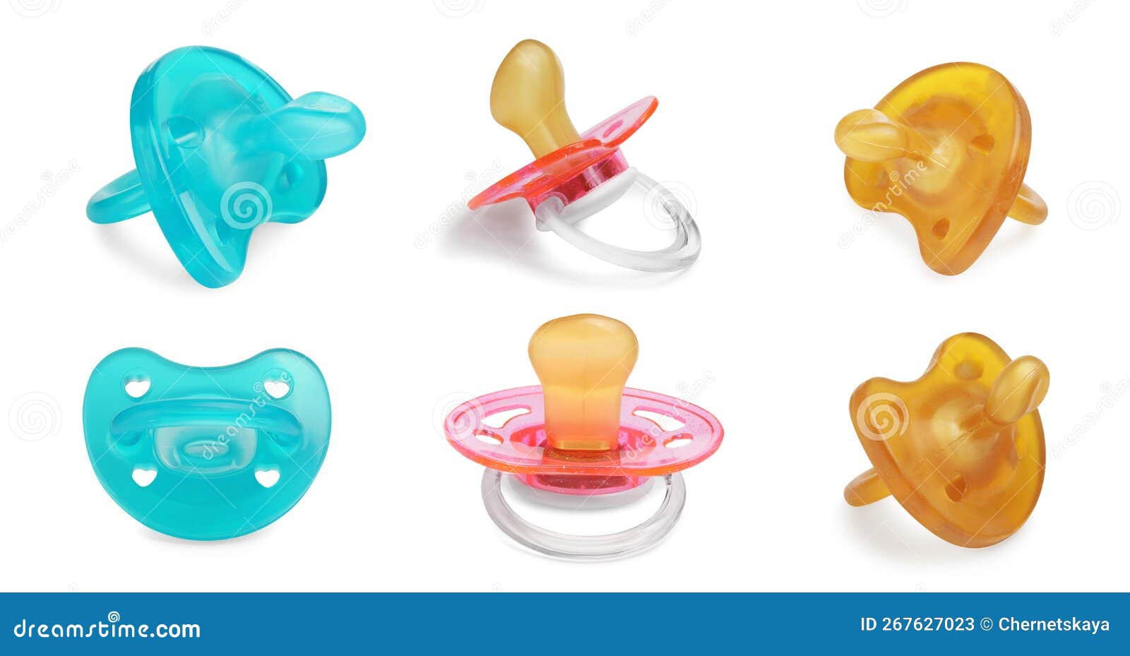 Collage of Baby Pacifiers on White Background, Views from Different ...