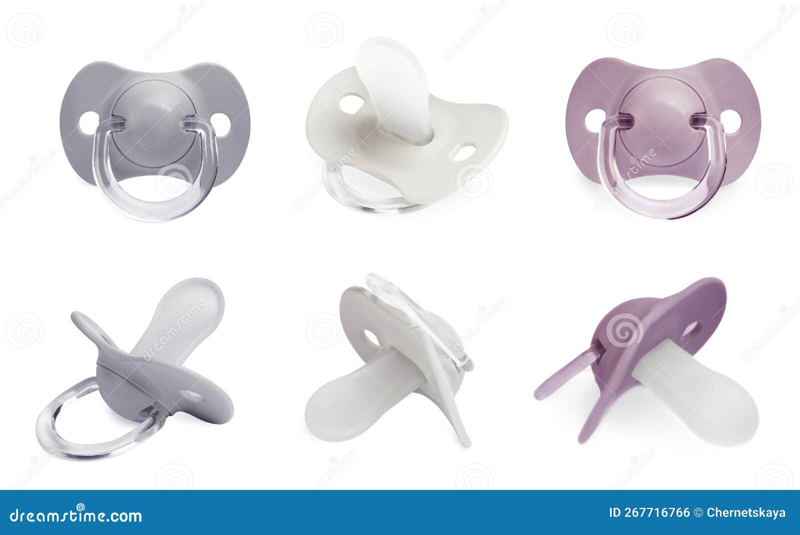 Collage of Baby Pacifiers on White Background, Views from Different ...