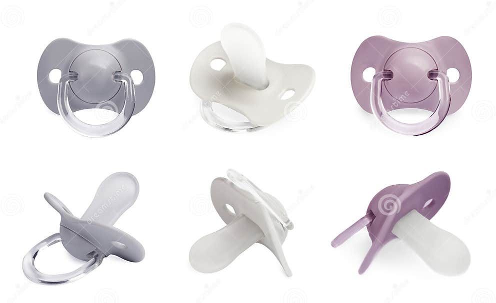 Collage of Baby Pacifiers on White Background, Views from Different ...